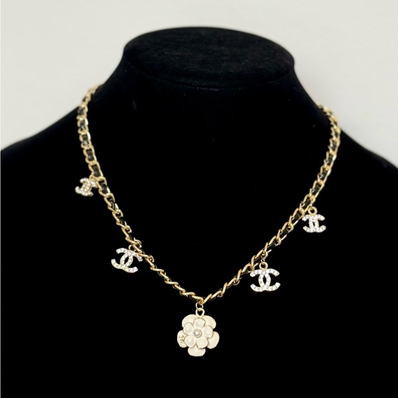 Jewelry | Gold Logo Necklace With Cc Stamped Floral Charm | Poshmark